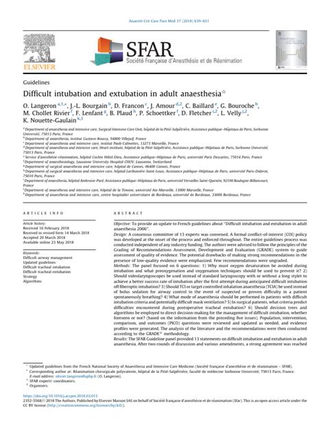 Difficult Intubation And Extubation In Adult Anaesthesia Pdf