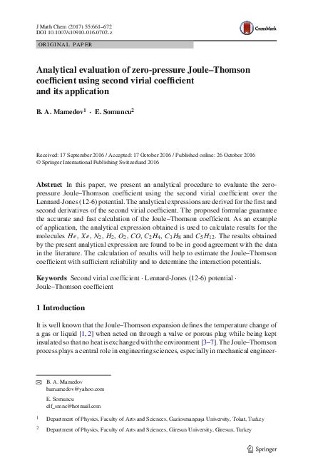 Pdf Analytical Evaluation Of Zero Pressure Joule Thomson Coefficient Using Second Virial