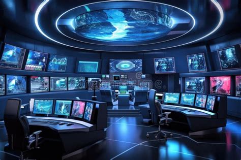Cybersecurity Command Center With Futuristic Screens Stock Image