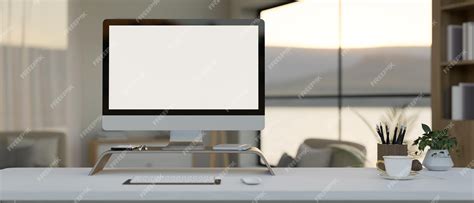 Premium Photo A Modern Office Desk Workspace A Computer Blank Monitor