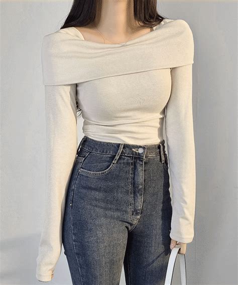[기모 선택 ] 캐미 오프숄더 슬림 기모 긴팔 티셔츠 3color 에이블리