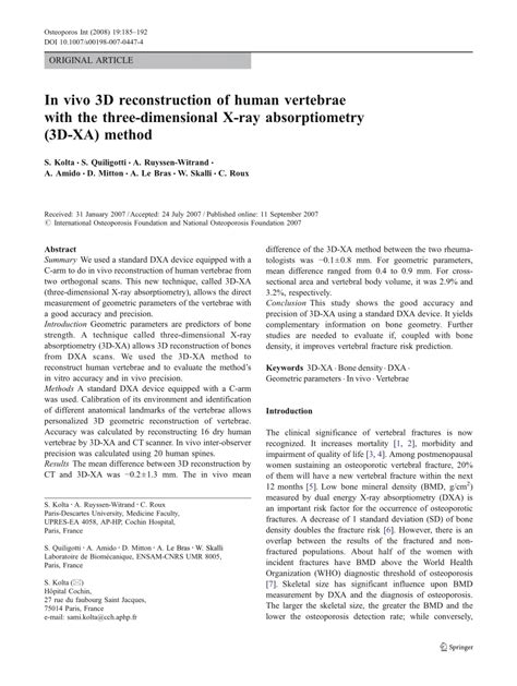 Pdf In Vivo 3d Reconstruction Of Human Vertebrae With The Three
