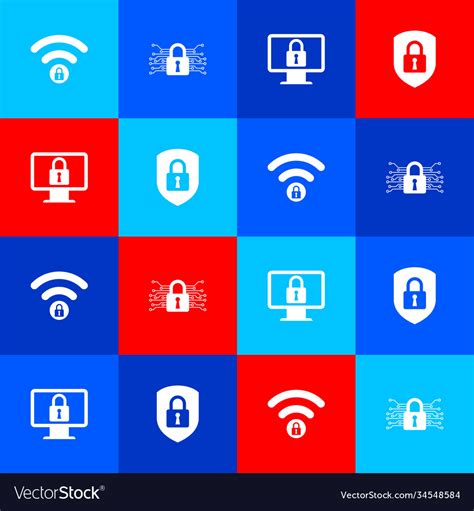 Set Wifi Locked Cyber Security Lock On Monitor Vector Image