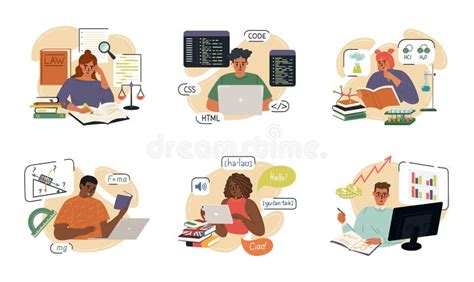 Smart Students Characters Studying In Home Conditions Stock Vector