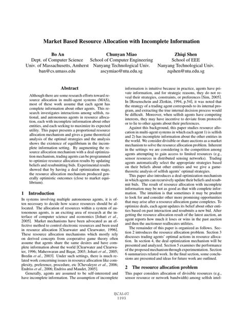 Market Based Resource Allocation With Incomplete Information