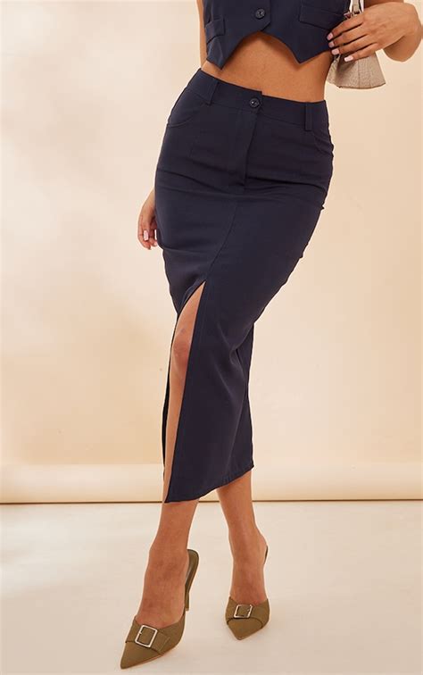 Navy Woven Split Hem Midi Skirt Co Ords Prettylittlething
