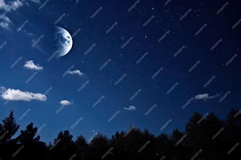Premium Photo Dark Blue Sky With Twinkling Stars And Moon