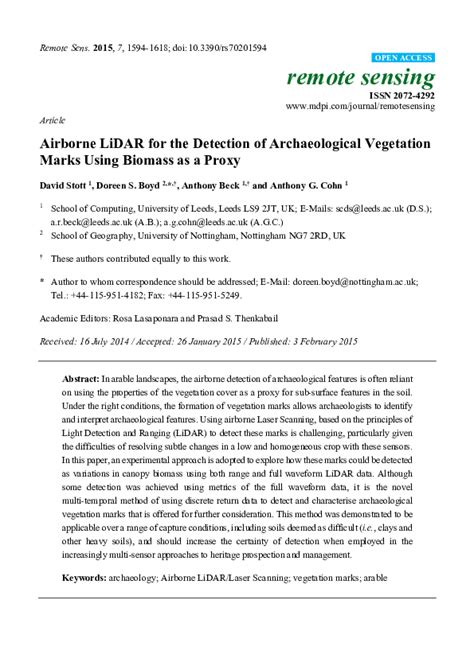 Pdf Airborne Lidar For The Detection Of Archaeological Vegetation Marks Using Biomass As A Proxy