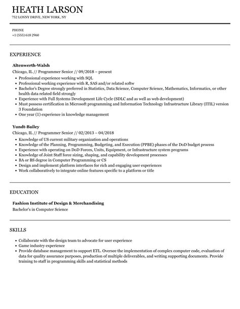 Programmer Senior Resume Samples Velvet Jobs