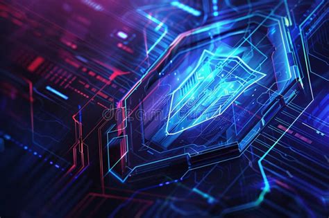 Abstract Shield Tech Circuitry Glowing Neon Lights Cybersecurity Network Blue And Red Stock