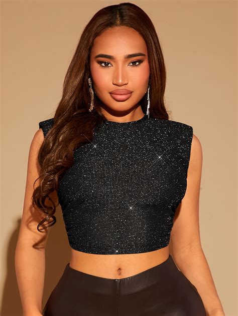 Shein Sxy Shoulder Pad Crop Tank Sequin Top Shein Uk