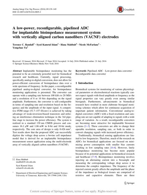 A Low Power Reconfigurable Pipelined Adc For Implantable Bioimpedance Measurement System With