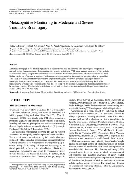 Pdf Metacognitive Monitoring In Moderate And Severe Traumatic Brain