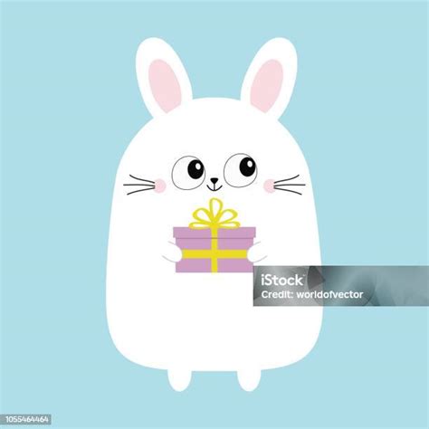 흰색 토끼 토끼 선물 상자를 들고입니다 재미 있은 머리 얼굴 큰 눈입니다 귀여운 귀여운 만화 캐릭터입니다 아기 인사말 카드 서식 파일입니다 행복 한 생일 표시 기호입니다