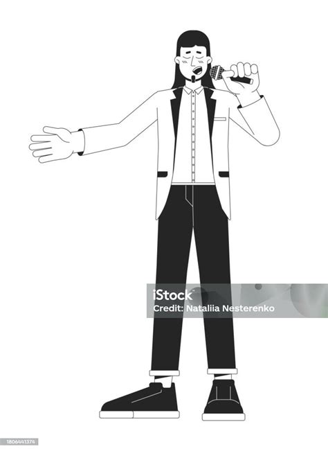 Male Opera Singer Holding Microphone Black And White Cartoon Flat