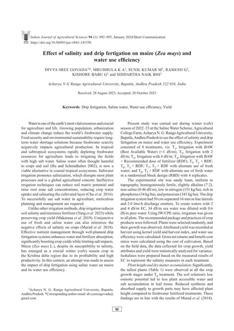 Pdf Effect Of Salinity And Drip Fertigation On Maize Zea Mays And