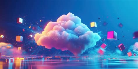 Digital Cloud With Floating Cubes And Vibrant Colors In Futuristic Environment Stock Image