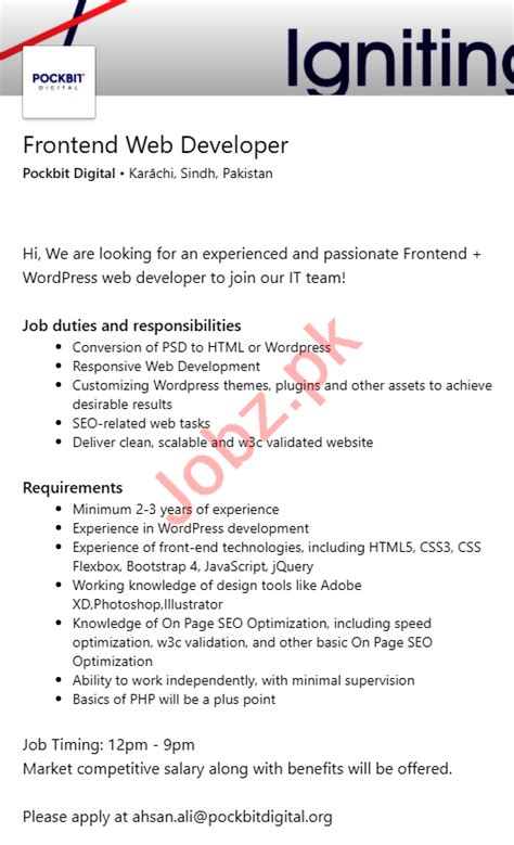 Pockbit Digital Karachi Jobs 2021 Frontend Web Developer 2025 Job