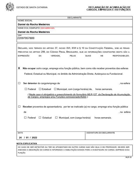 Mlr 018 Declaracao De Acumulacao De Cargos Empregos E Ou Funcoes Pdf