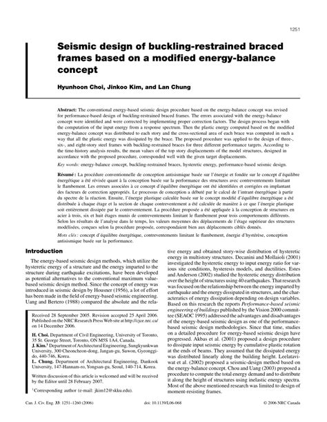 Pdf Seismic Design Of Buckling Restrained Braced Frames Based On A Modified Energy Balance Concept