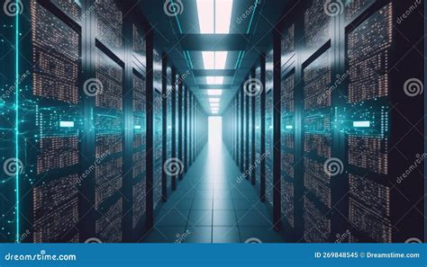 Corridor Of Data Center With Racks Of Server Computer For Cloud Computing Data Stock