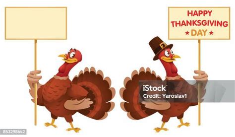 한 터키 빈 배너를 다른 터키 행복 한 추수 감사절 배너를 보유 하 고 있습니다 만화 스타일된 벡터 일러스트 레이 션 요소를 그룹화 합니다 백색에 절연 되어 있습니다