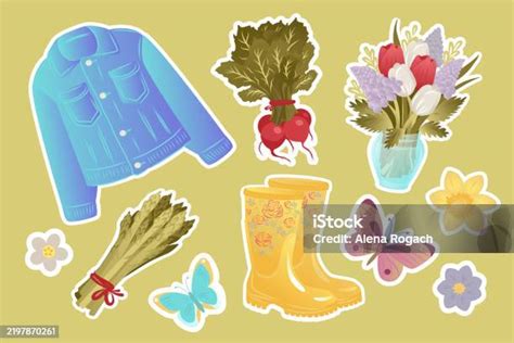 데님 재킷 노란색 꽃무늬 부츠 꽃다발 무 아스파라거스 나비 꽃 등 봄을 테마로 한 일러스트레이션 세트 녹색 배경에 스티커 0명에 대한 스톡 벡터 아트 및 기타 이미지