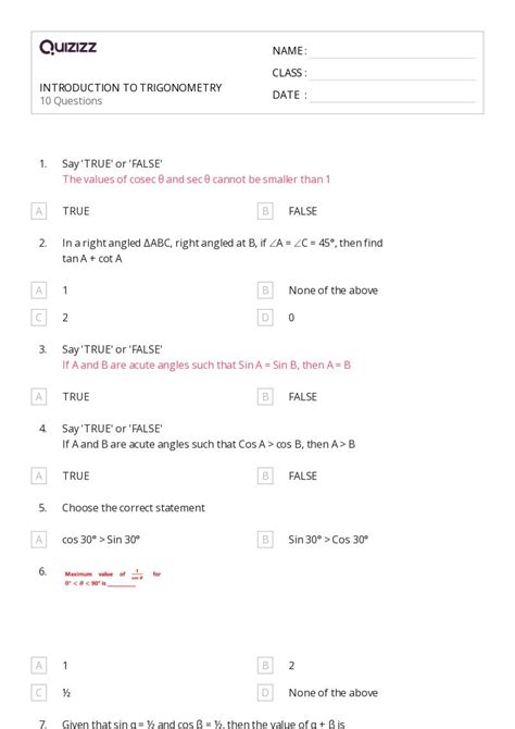 50 Trigonometry Worksheets For 10th Year On Quizizz Free And Printable