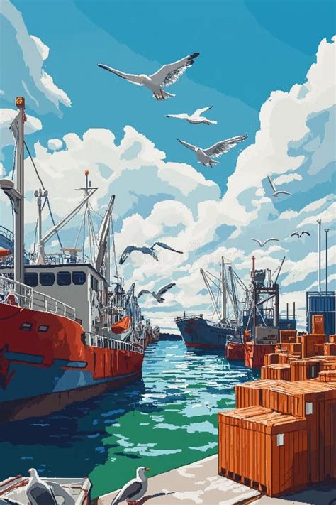 Pixel Art Harbor Scene Shows Ships Unloading Crates Seagulls Fly In