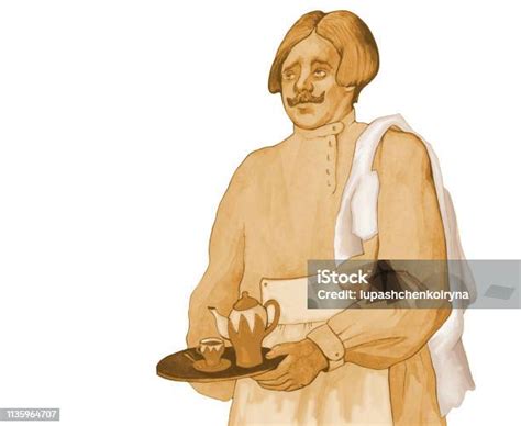 세련 된 일러스트 현대 미술 작품 내 원래 가로 회화 수채화 세피아 역사적인 인물 쟁반과 그의 손에 차 한잔과 함께 웨이터의 고전 양식에 대한 스톡 벡터 아트 및 기타