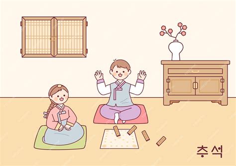 한국전통놀이 두 친구가 방에서 윷놀이를 하고 있다 프리미엄 벡터