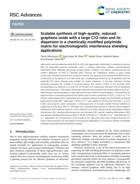 Pdf Scalable Synthesis Of High Quality Reduced Graphene Oxide With A Large C O Ratio And Its