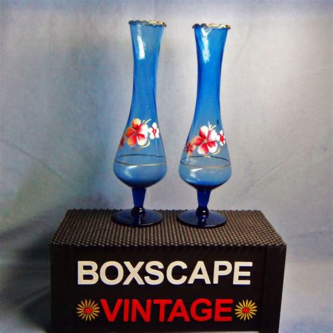 Vintage Hand Painted Glass Vases Blue Glass Flower Vases Etsy