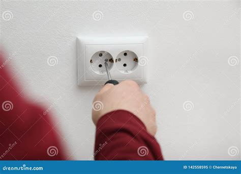 Electrician Repairing Wall Sockets On White Closeup Stock Image Image Of Connection Power