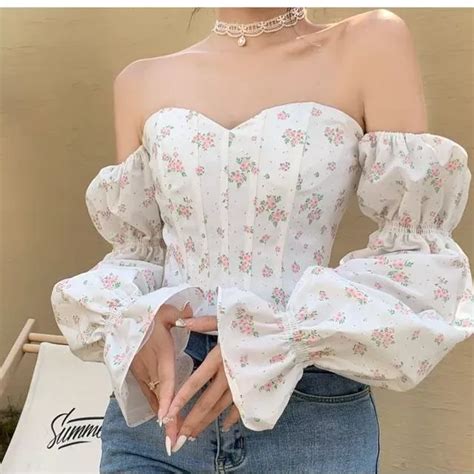 Floral Print Off Shoulder Lantern Sleeve Bustier Crop Blouse Artofit