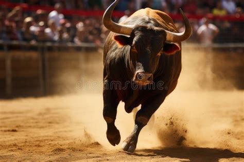 Angry Bull With Big Horns Running In Spanish Bullring Spanish Bull In