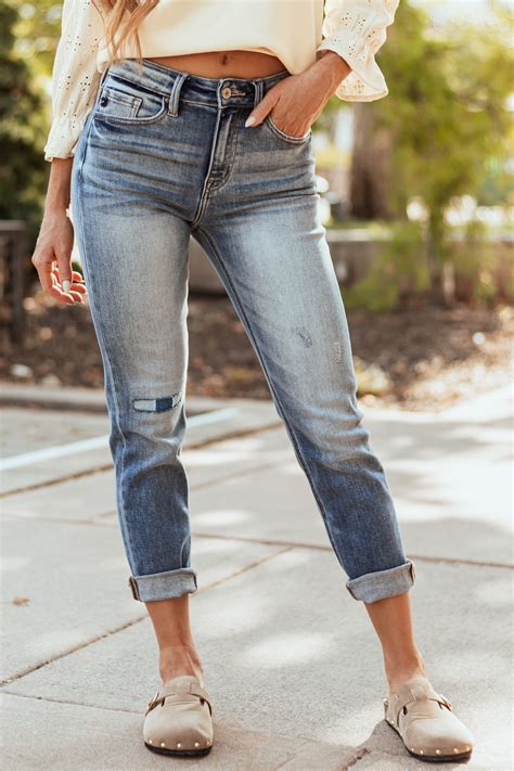 Kancan Medium Wash Cuffed Slim Straight Jeans Lime Lush Boutique