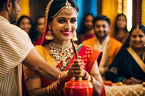 Premium Photo A Woman In A Sari Holds A Can Of Wine