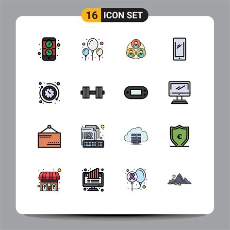 Mobile Interface Flat Color Filled Line Set Of 16 Pictograms Of Clock Iphone Gang Android Smart