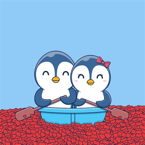 Premium Vector Cute Valentines Day Penguin Couple Rowing A Canoe In