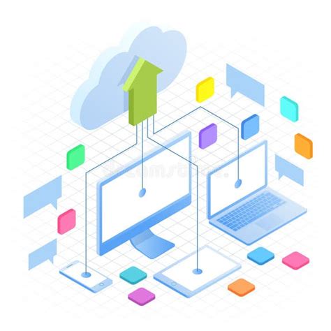 Isometric Cloud Computing Concept In Outline Isolated On White Cloud Computing Services And