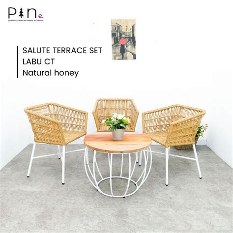 Jual Set Meja Kayu Kursi Teras Pine Rotan Sintetis Warna Natural