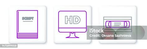 라인 Vhs 비디오 카세트 테이프 시나리오 및 Hd 기술 아이콘이있는 컴퓨터 Pc 모니터를 설정합니다 벡터 0명에 대한 스톡