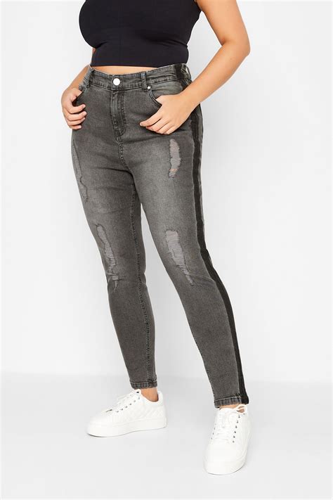 Curve Black Contrast Side Ripped Skinny Ava Jeans Yours Clothing