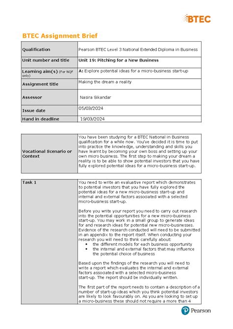 Btec L3 Business Unit 19 Assignment 1 For Learning Aim A 2018 19 Btec