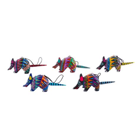 Five Hand Painted Armadillo Alebrije Ornaments From Mexico Happy