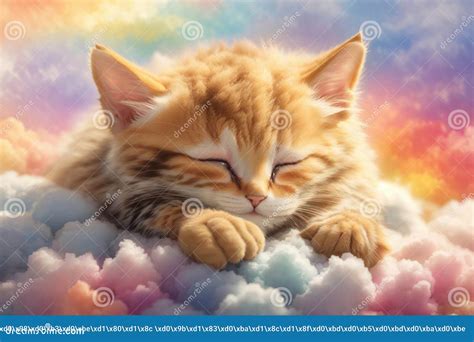 Cute Kitten Sleeping On A Cloud Watercolor Drawing Ai Generative Stock