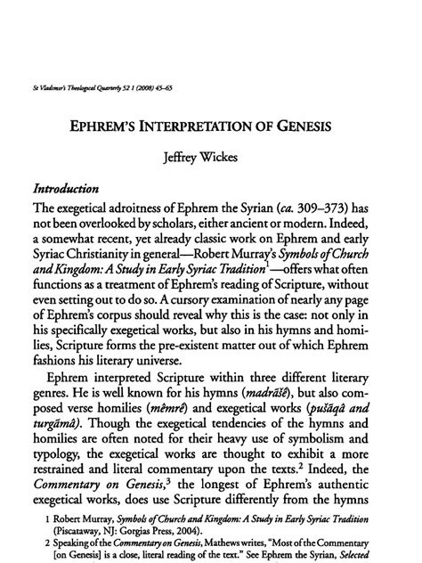Wickes Jeffrey Ephrems Interpretation Of Genesis Pdf Exegesis Copyright
