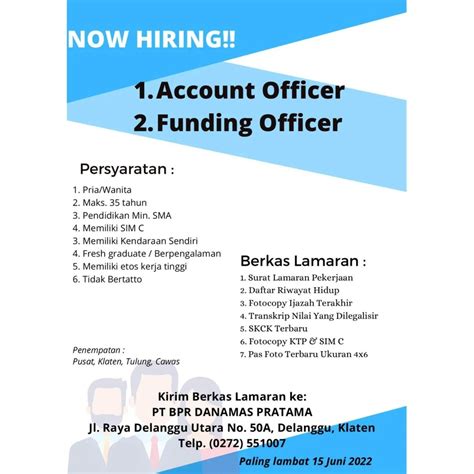 Lowongan Kerja Juni Officer PT BPR Danamas Pratama INFO LOKER SOLO