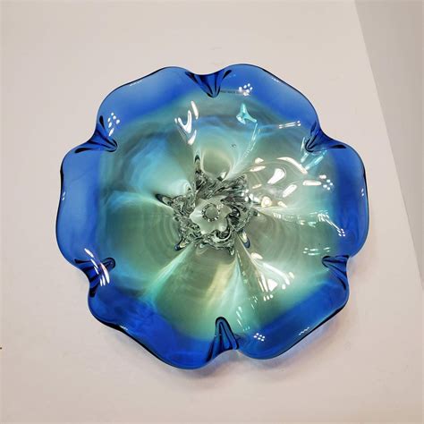 Vintage Cobalt Blue Green Art Glass Bowl Flower Shape Poland Royal
